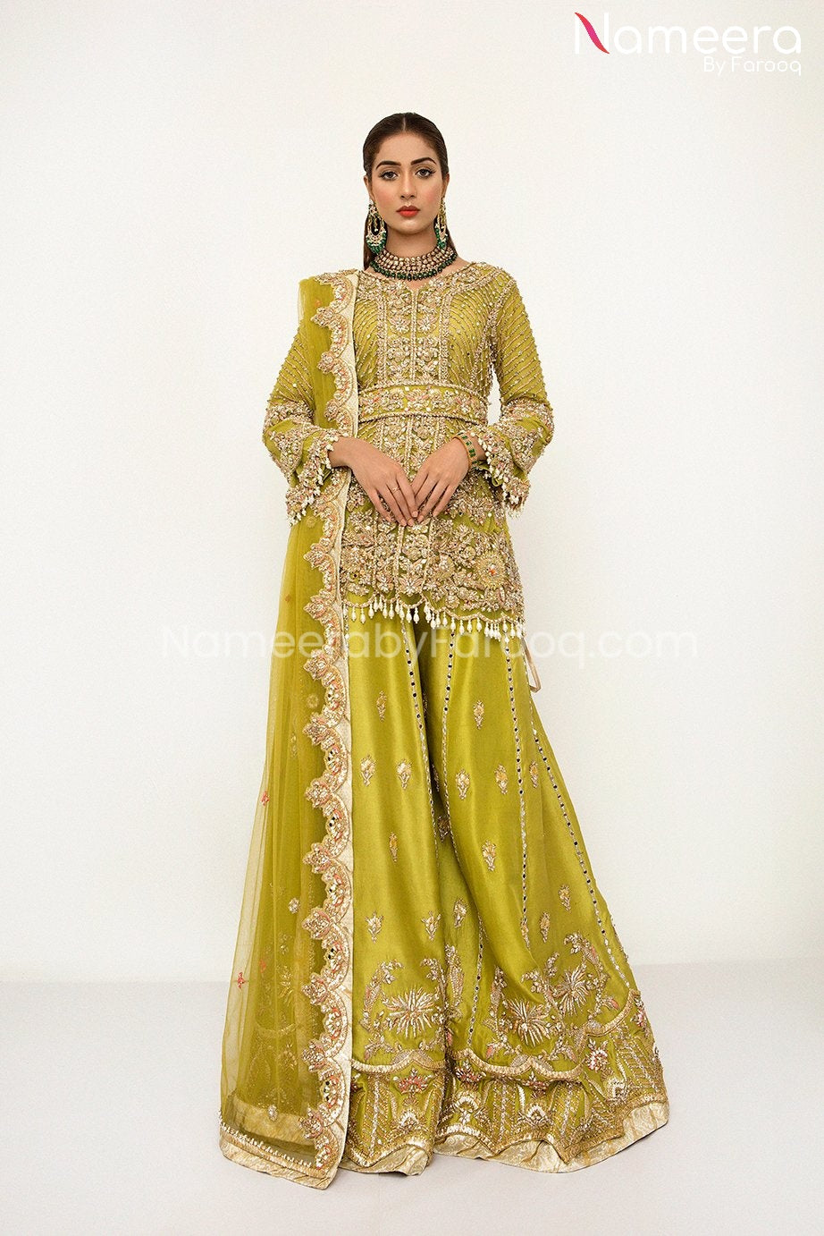 Lavish Pakistani Bridal Sharara Dress in Mehndi Color Online – Nameera ...
