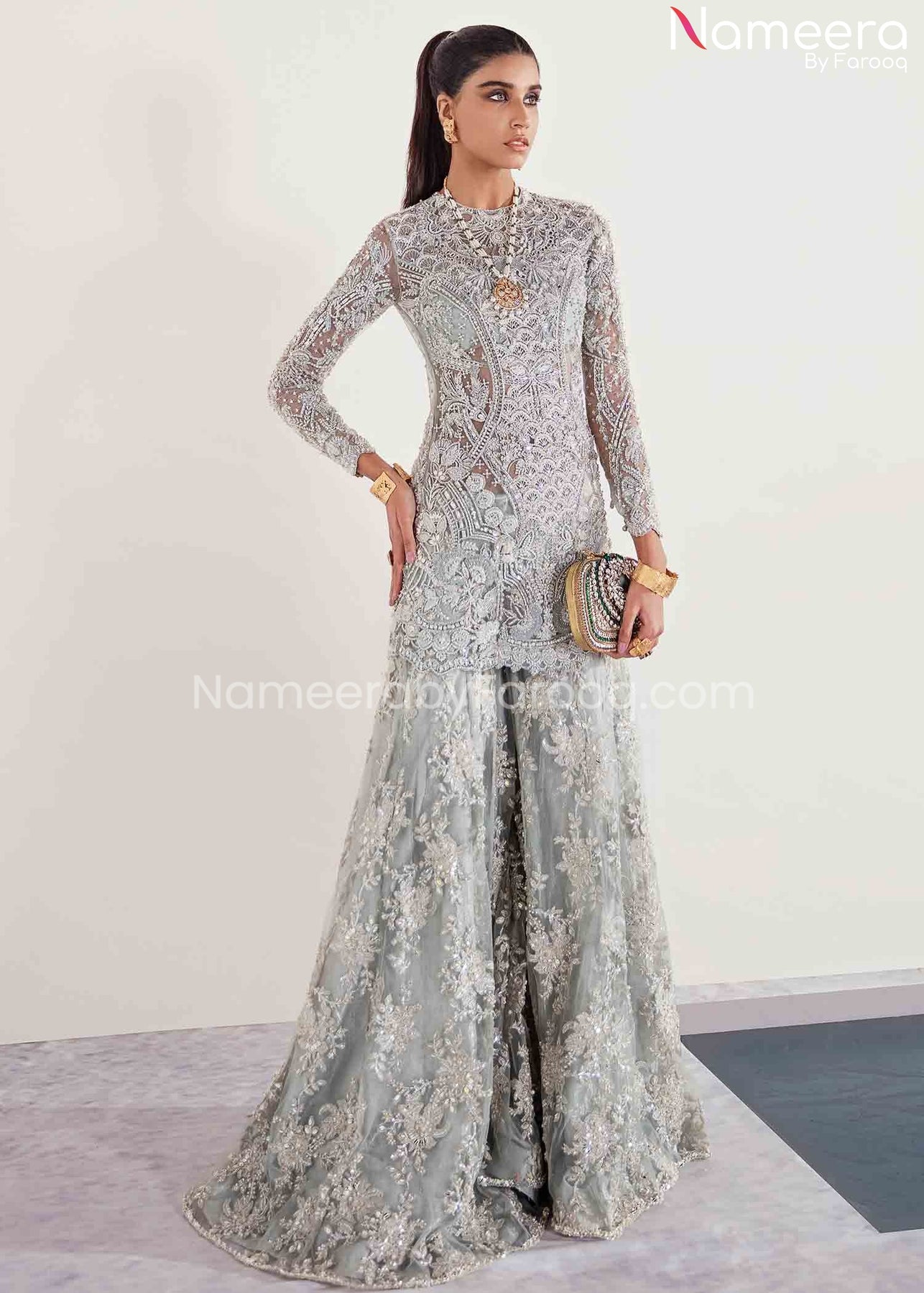 Latest Pakistani Silver Bridal Sharara Dress Online 2021 – Nameera by ...