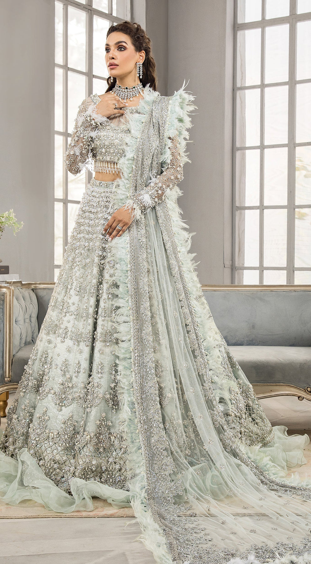 Bridal Silver Lehenga Choli for Pakistani Bridal Wear – Nameera by Farooq