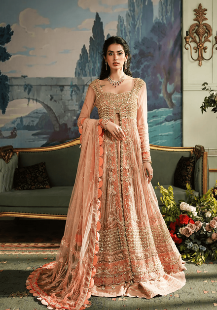 Bridal Wedding Dress in Open Gown and Lehenga Style – Nameera by Farooq