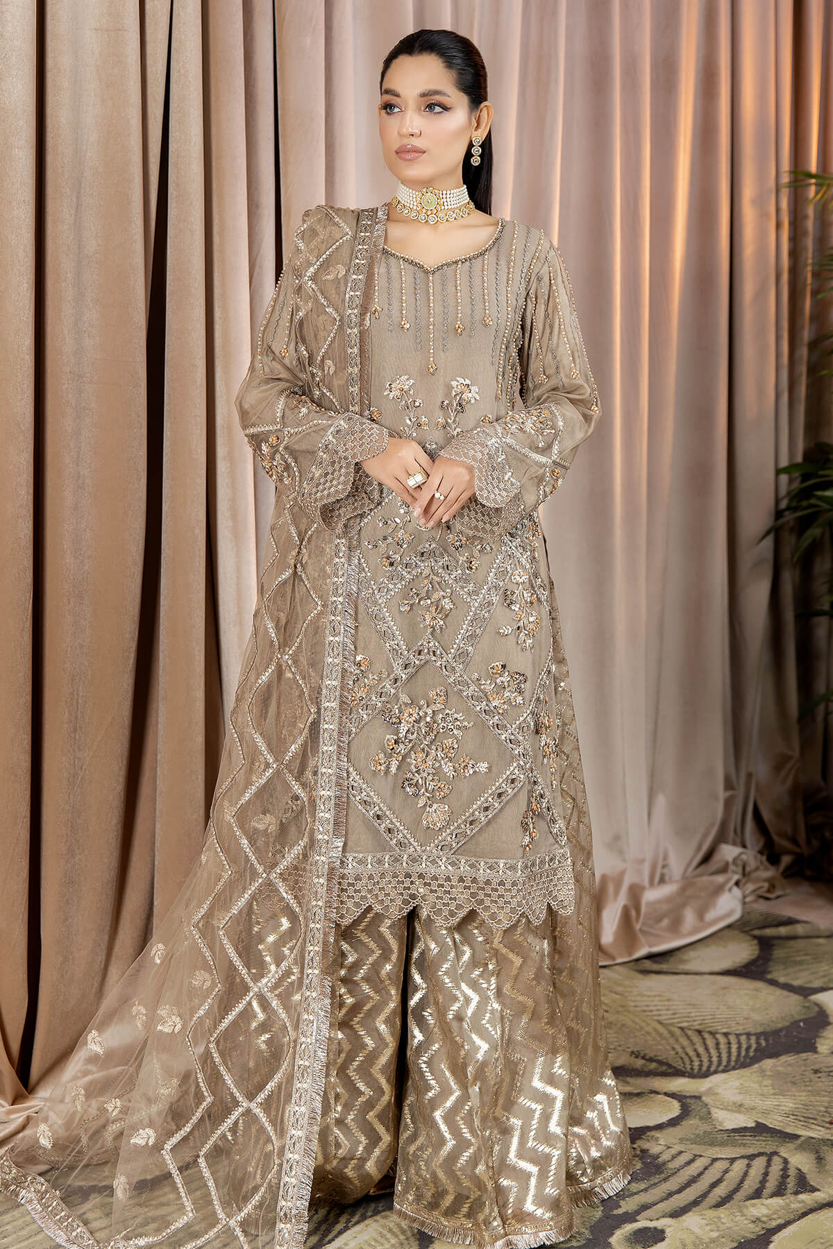 Buy Brown Kameez Sharara Pakistani Party Dress 2023 – Nameera by Farooq