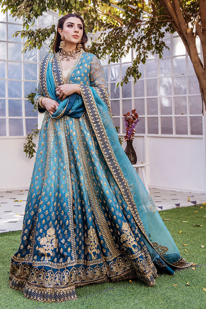 Blue Kalidar Hand Embellished Pishwas with Dupatta Wedding Dress ...
