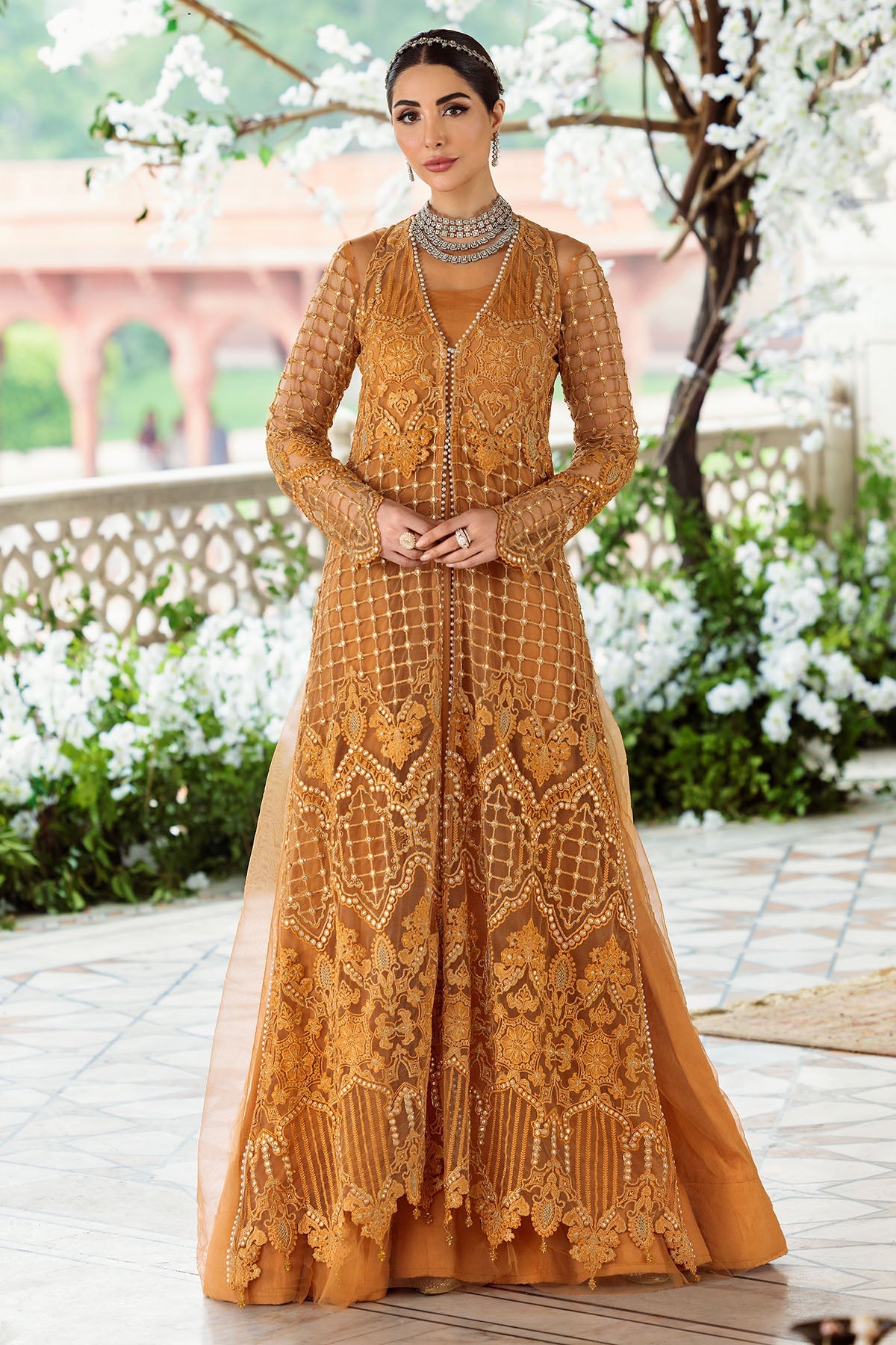 Buy Mustard Silk Embroidered Pishwas Pakistani Eid Wear – Nameera by Farooq