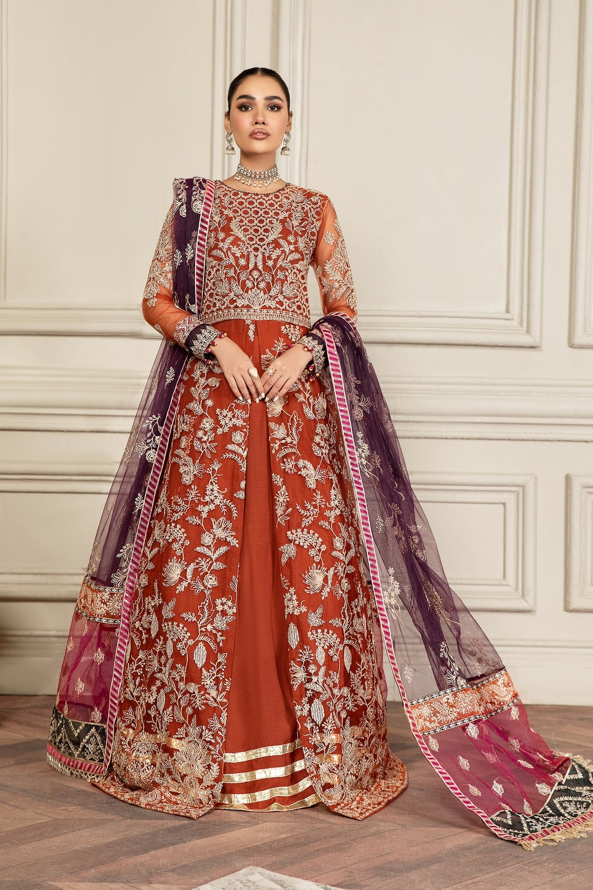 Buy Pakistani Long Frock with Dupatta in Orange Color – Nameera by Farooq