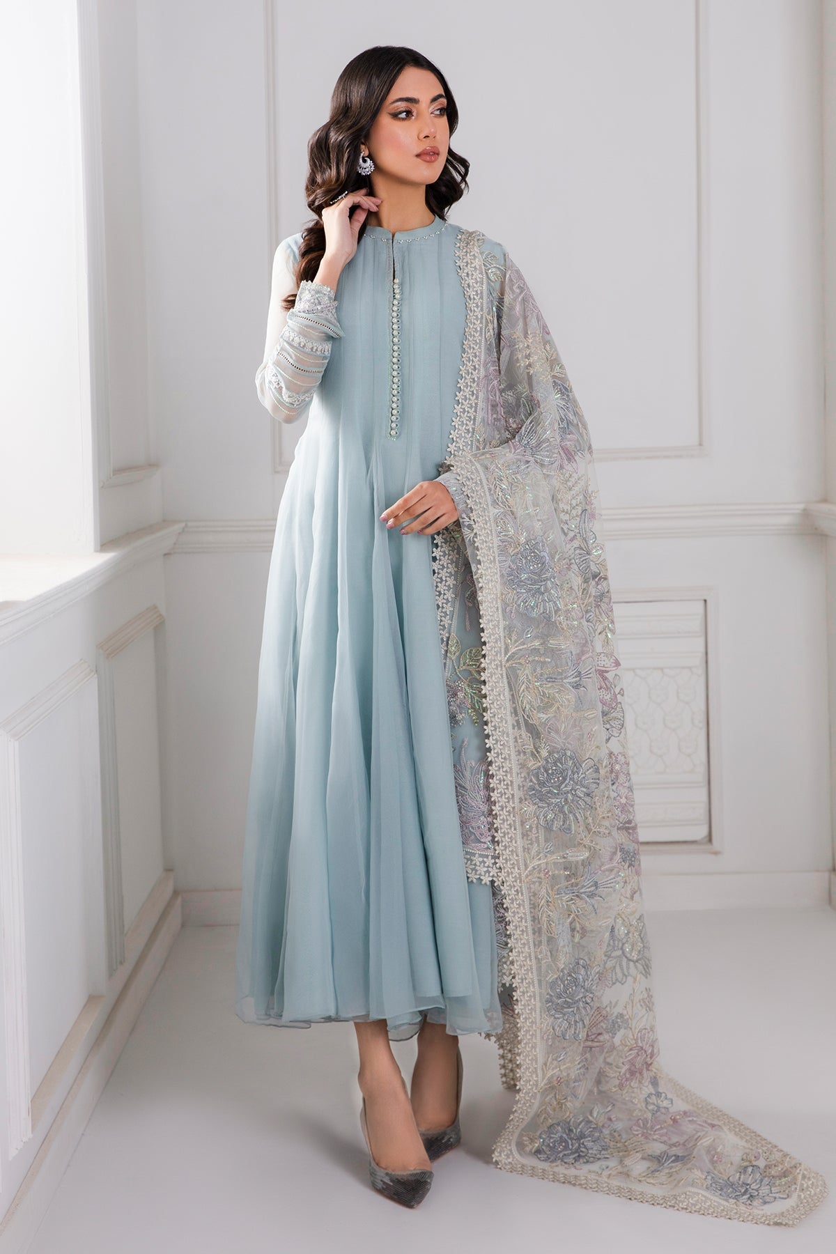 Buy Pakistani Party Frock Dupatta In Sky Blue Color – Nameera by Farooq