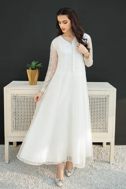 Buy Pakistani White Embroidered Long Frock Party Wear – Nameera by Farooq
