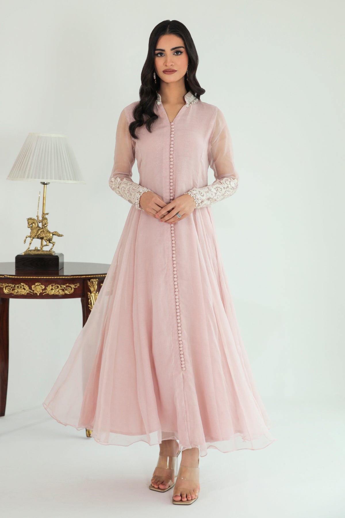 Buy Pink Pakistani Long Frock with Embroidered Dupatta – Nameera by Farooq
