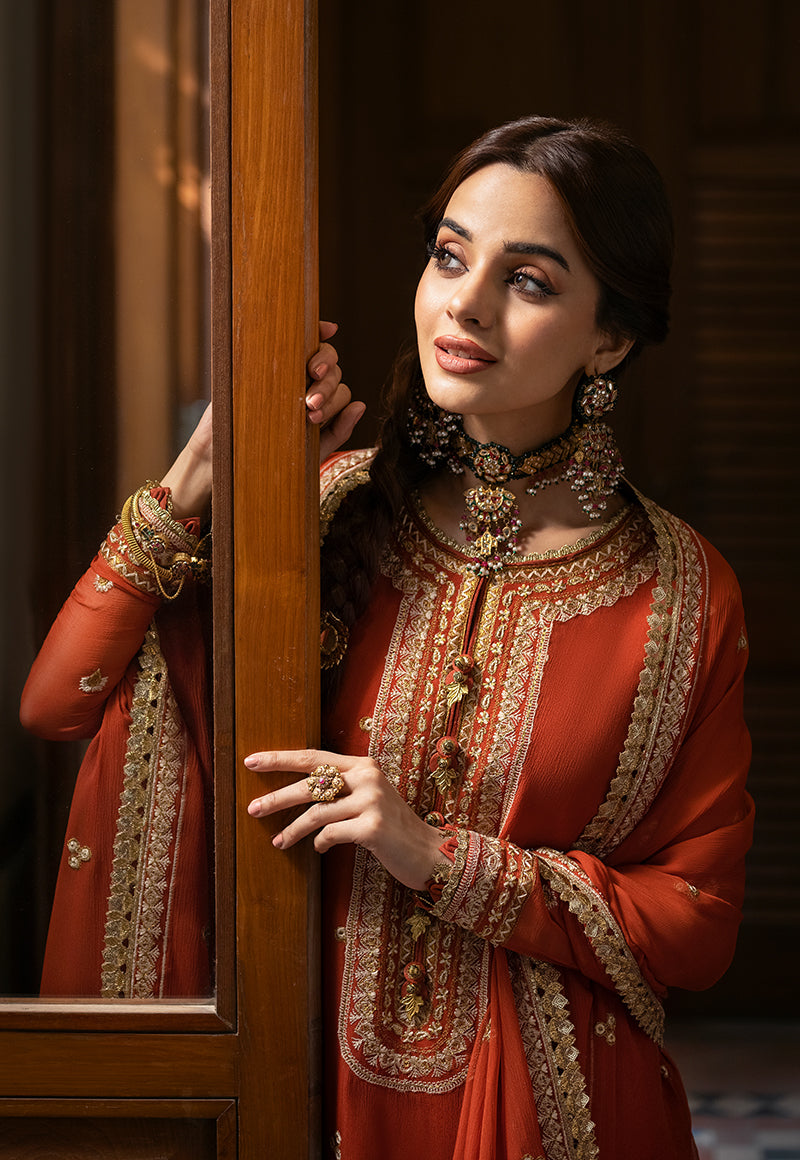 Traditional Pakistani Kameez Salwar Suit in Rusty Color – Nameera by Farooq