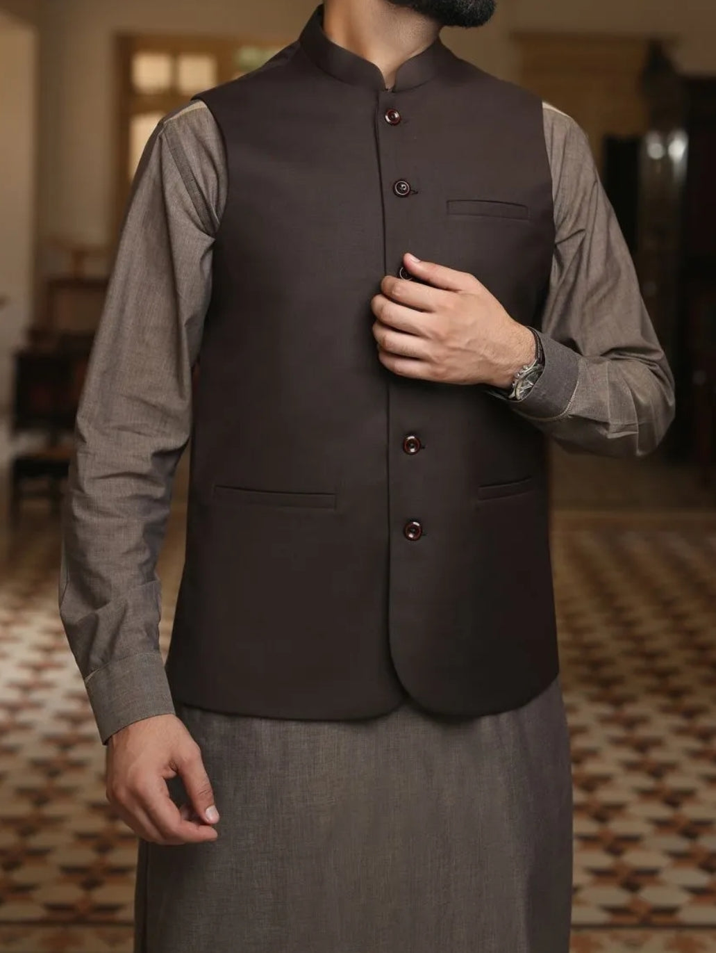 Buy this Pakistani mens waistcoat from us in America – Nameera by Farooq