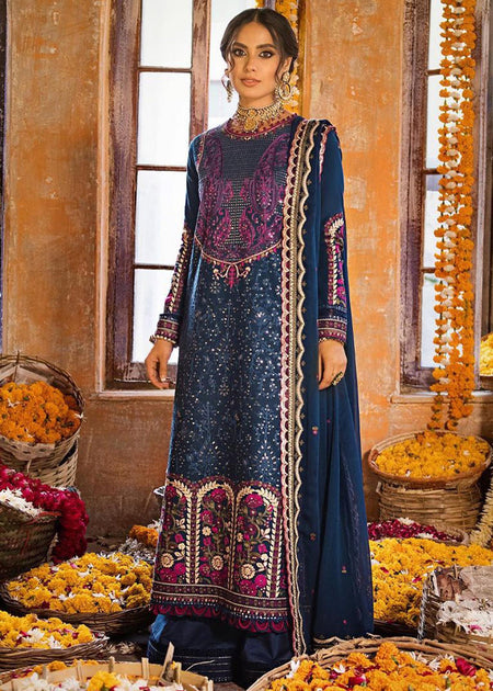 Dark Blue Long Kameez Salwar for Pakistani Party Wear – Nameera by Farooq