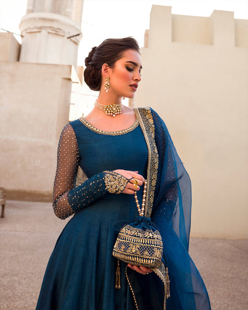 Dark Blue Raw Silk Pishwas for Pakistani Wedding Dresses – Nameera by ...