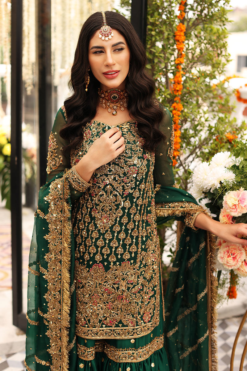 Dark Green Gharara Kameez for Pakistani Mehndi Wear – Nameera by Farooq