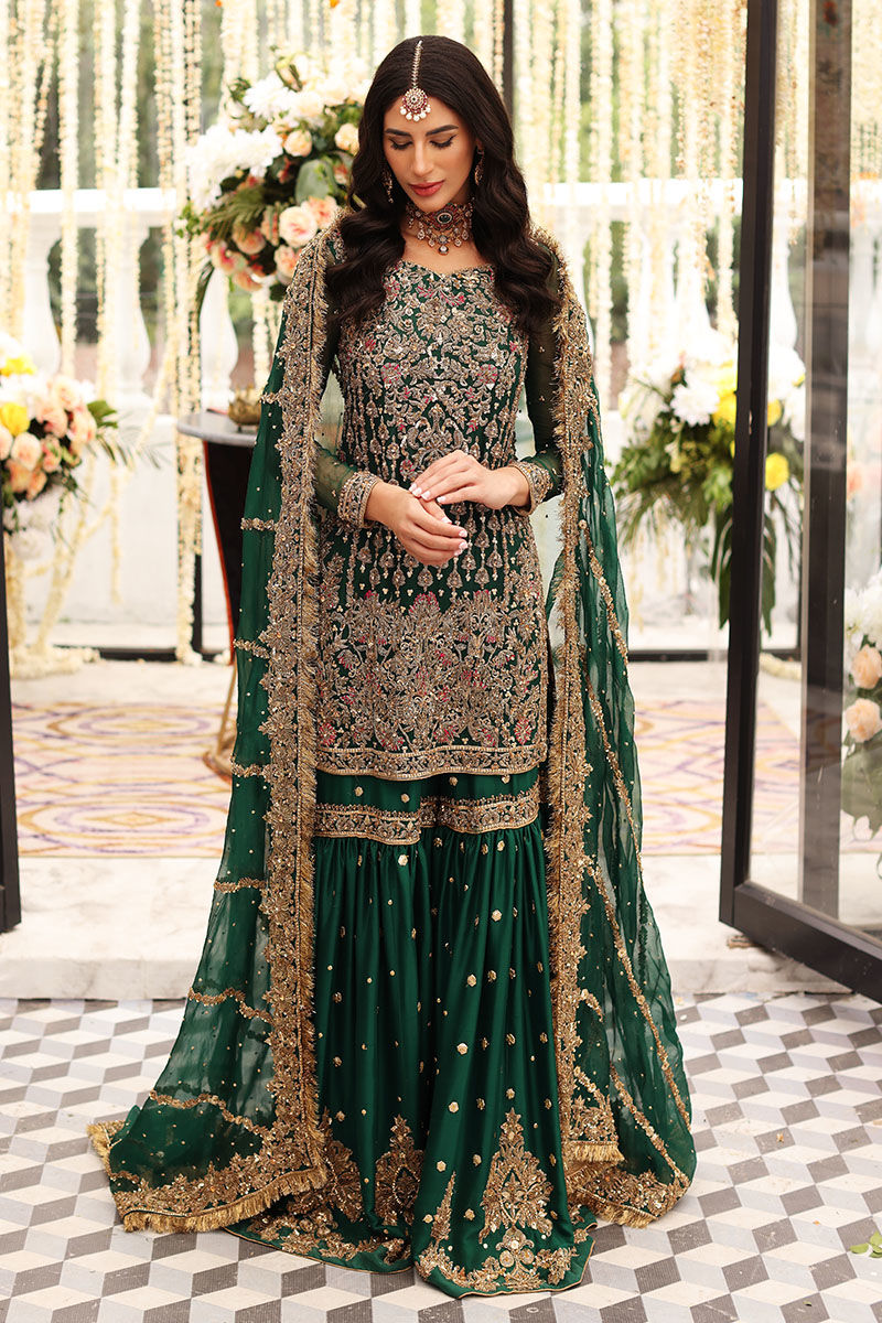 Dark Green Gharara Kameez for Pakistani Mehndi Wear – Nameera by Farooq