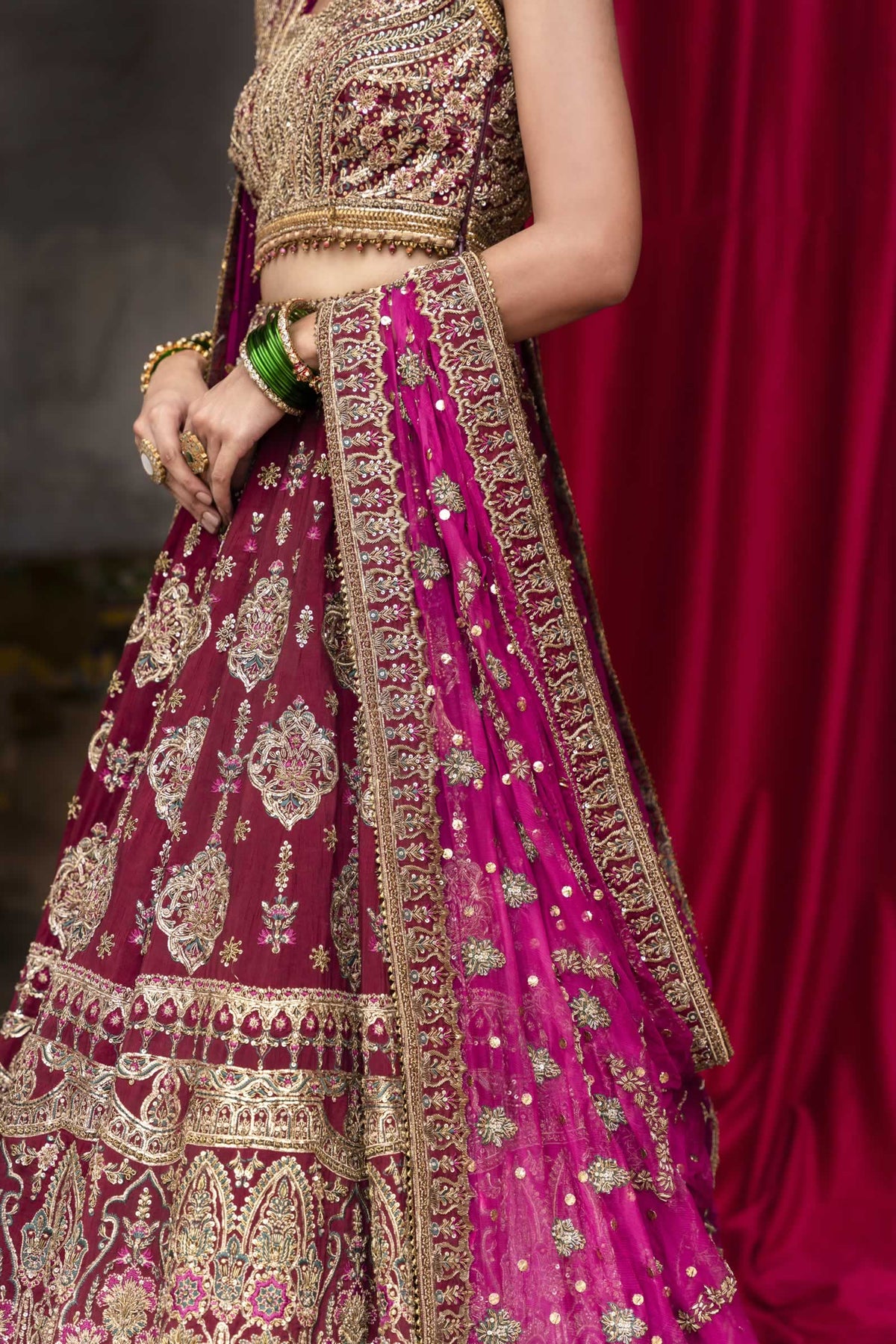 Dark Maroon Lehenga Bridal Pakistani Wedding Dresses – Nameera by Farooq