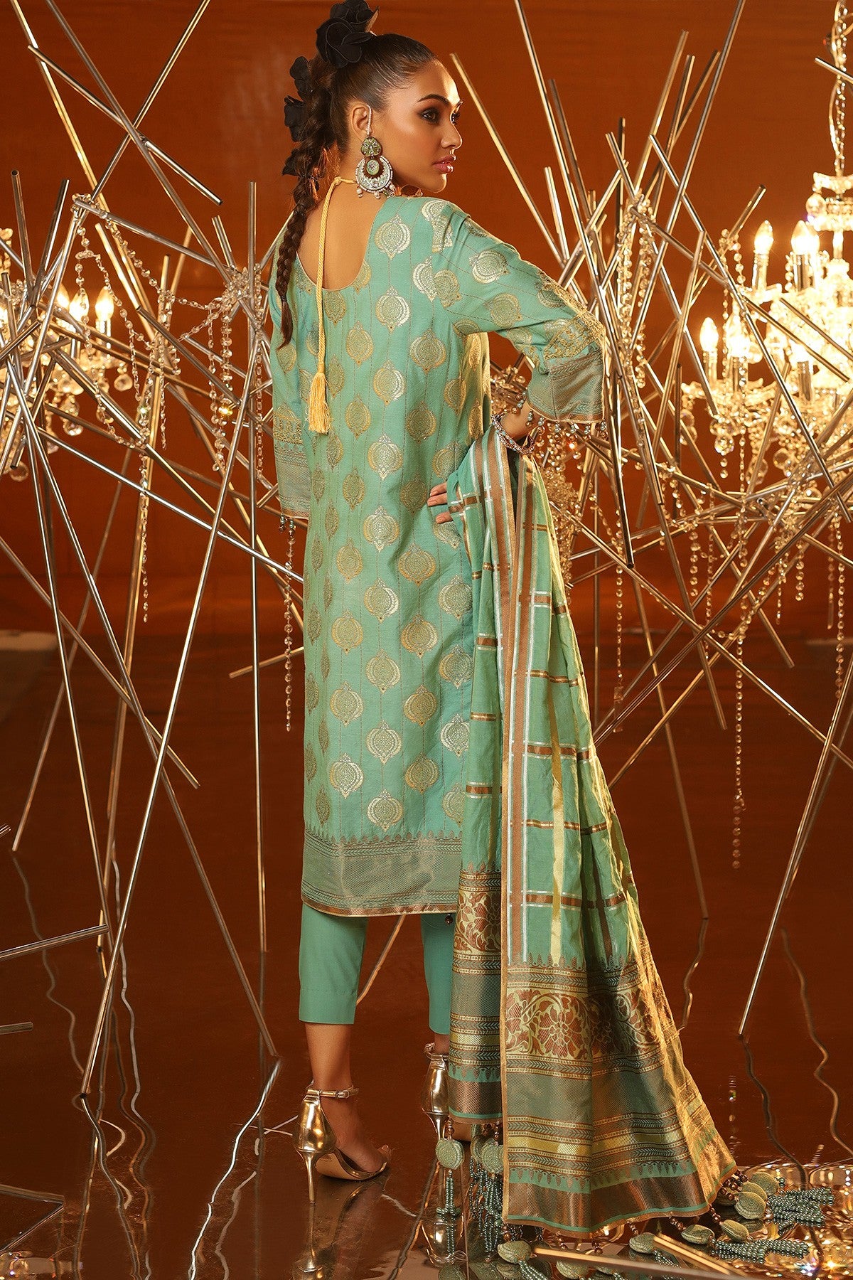 Designer Jacquard Eid Suit in Ferozi Color – Nameera by Farooq