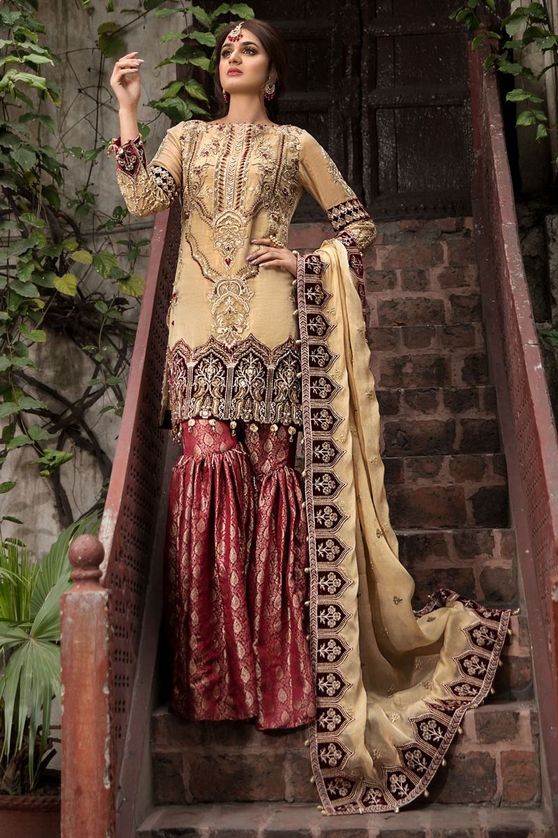 Designer Gharara Shirt for Party in Skin and Maroon Color – Nameera by ...