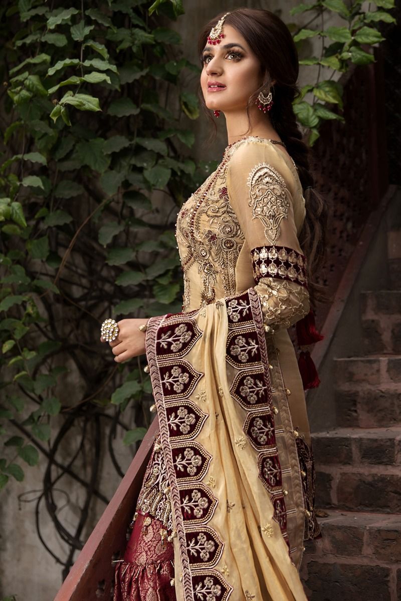 Designer Gharara Shirt for Party in Skin and Maroon Color – Nameera by ...