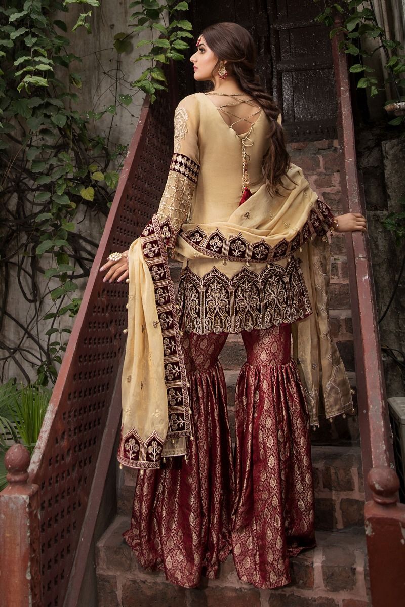 Designer Gharara Shirt for Party in Skin and Maroon Color – Nameera by ...