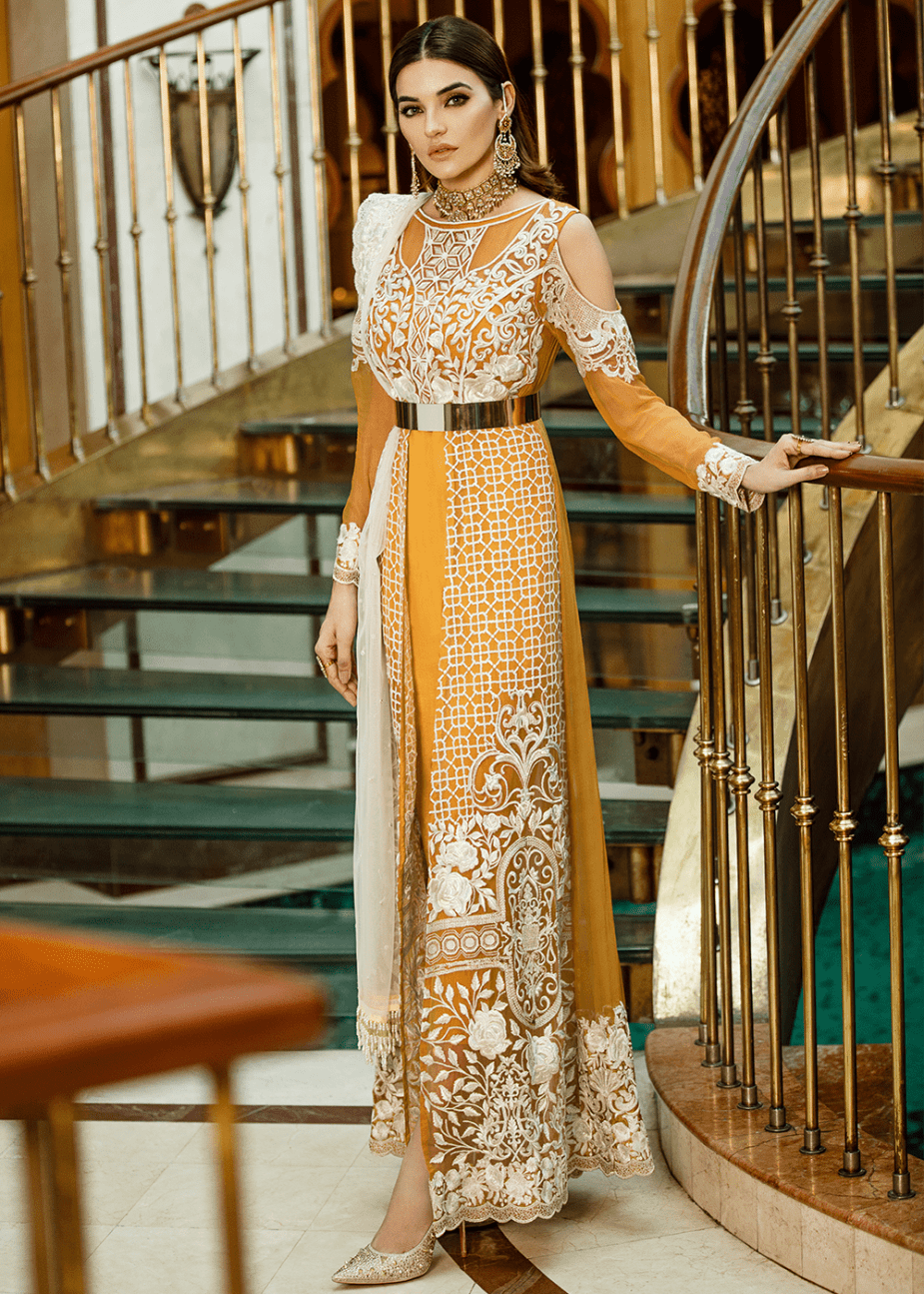 Designer chiffon dress in mustard and white color – Nameera by Farooq