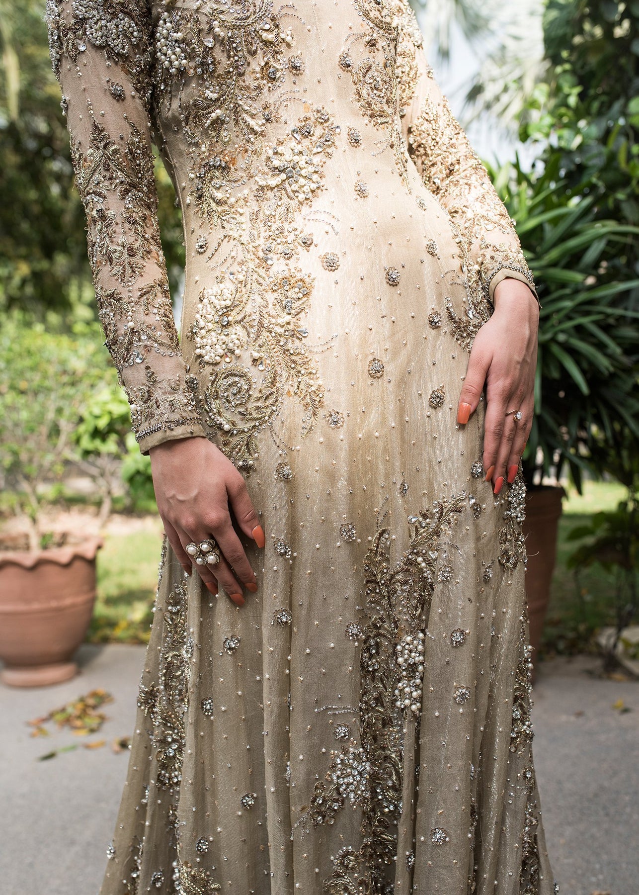 Designer gown dress embroidered in dust gold color – Nameera by Farooq