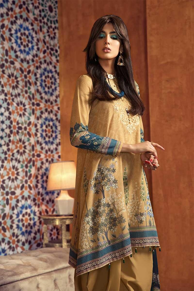Designer karandi dress digitally printed in mustard color – Nameera by ...