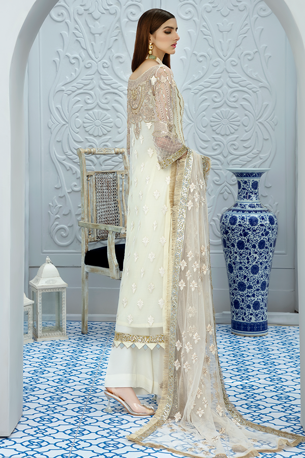 Buy Latest Pakistani Long Dress In Classy Gold Ivory Colour – Nameera ...