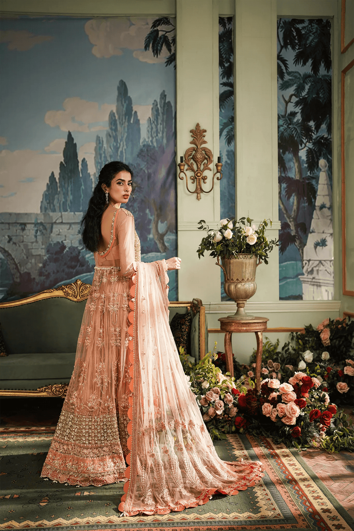Bridal Wedding Dress in Open Gown and Lehenga Style – Nameera by Farooq
