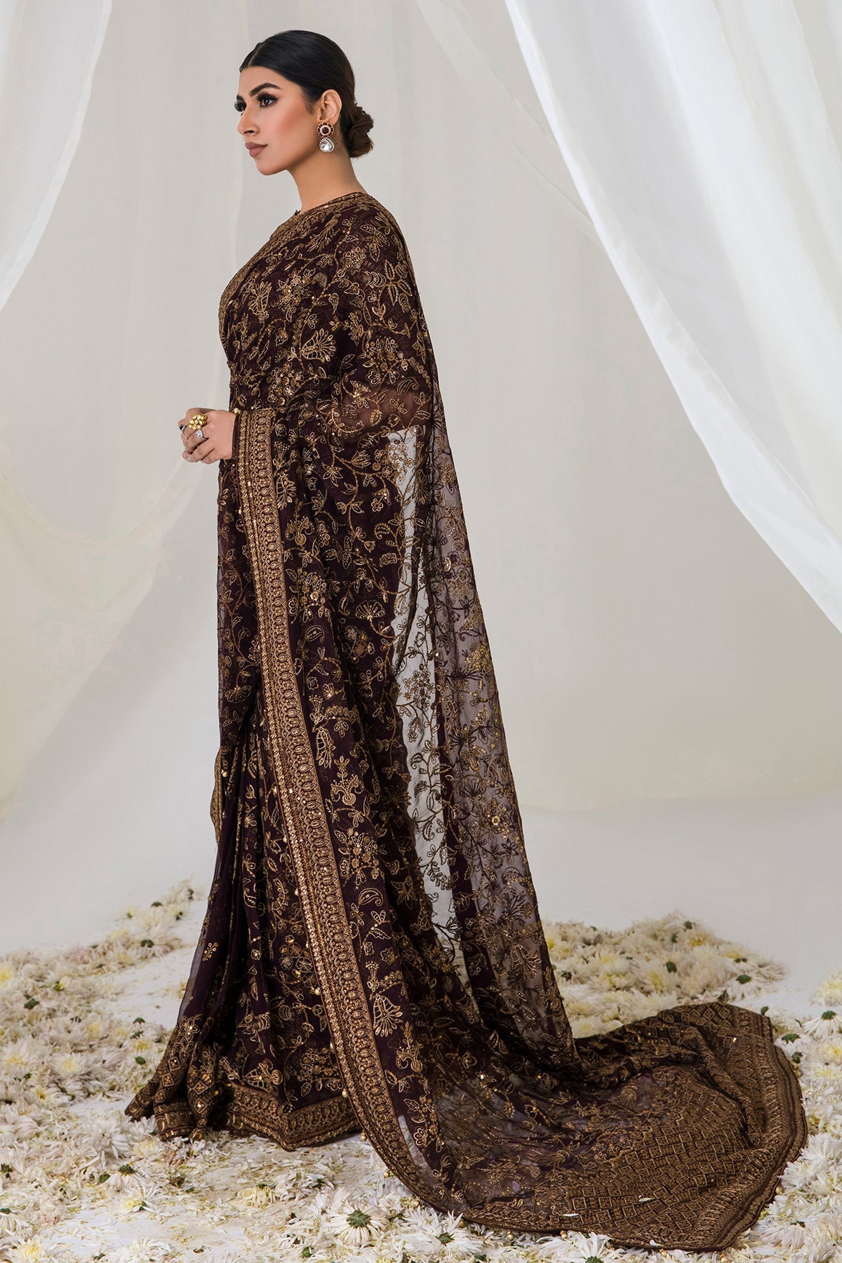 Embroidered Pakistani Wedding Dress in Saree Style – Nameera by Farooq