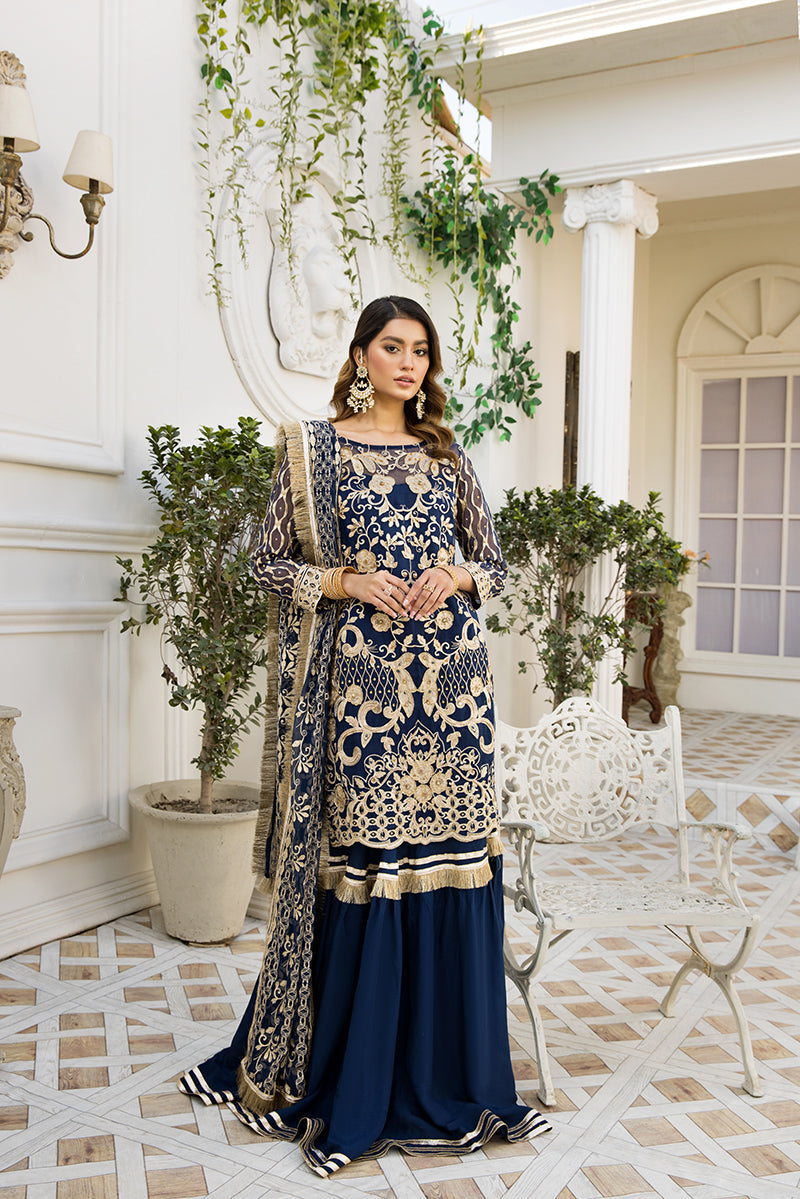 Latest Elegant Farshi Gharara with Kameez in Blue Shade – Nameera by Farooq