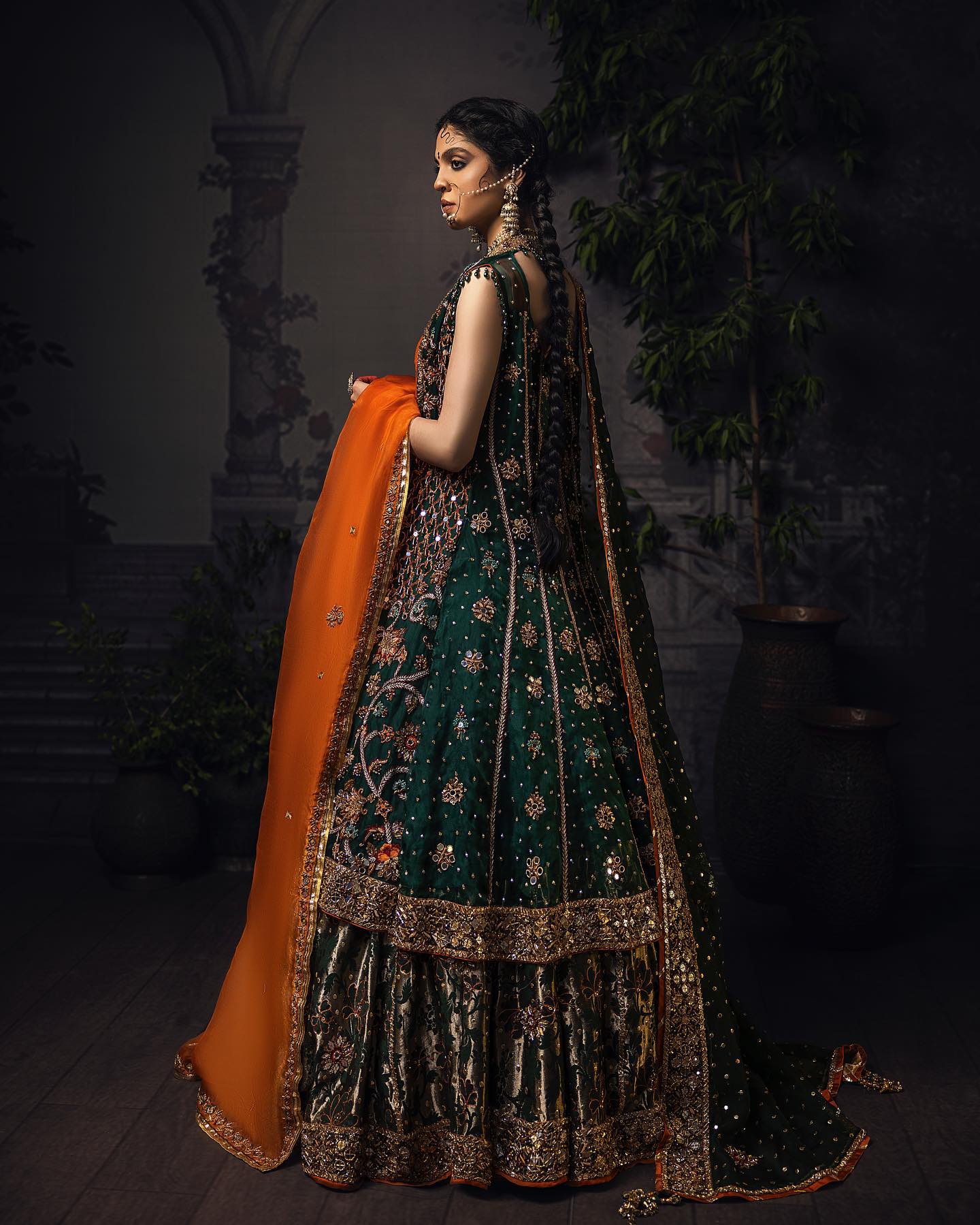 Green Lehenga with Choli and Open Gown Bridal Dress – Nameera by Farooq