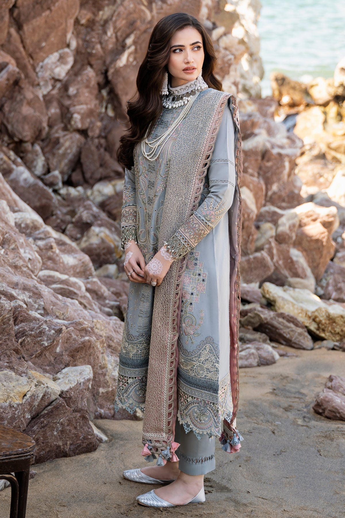 Grey Kameez Trouser Embroidered Pakistani Eid Dress – Nameera by Farooq