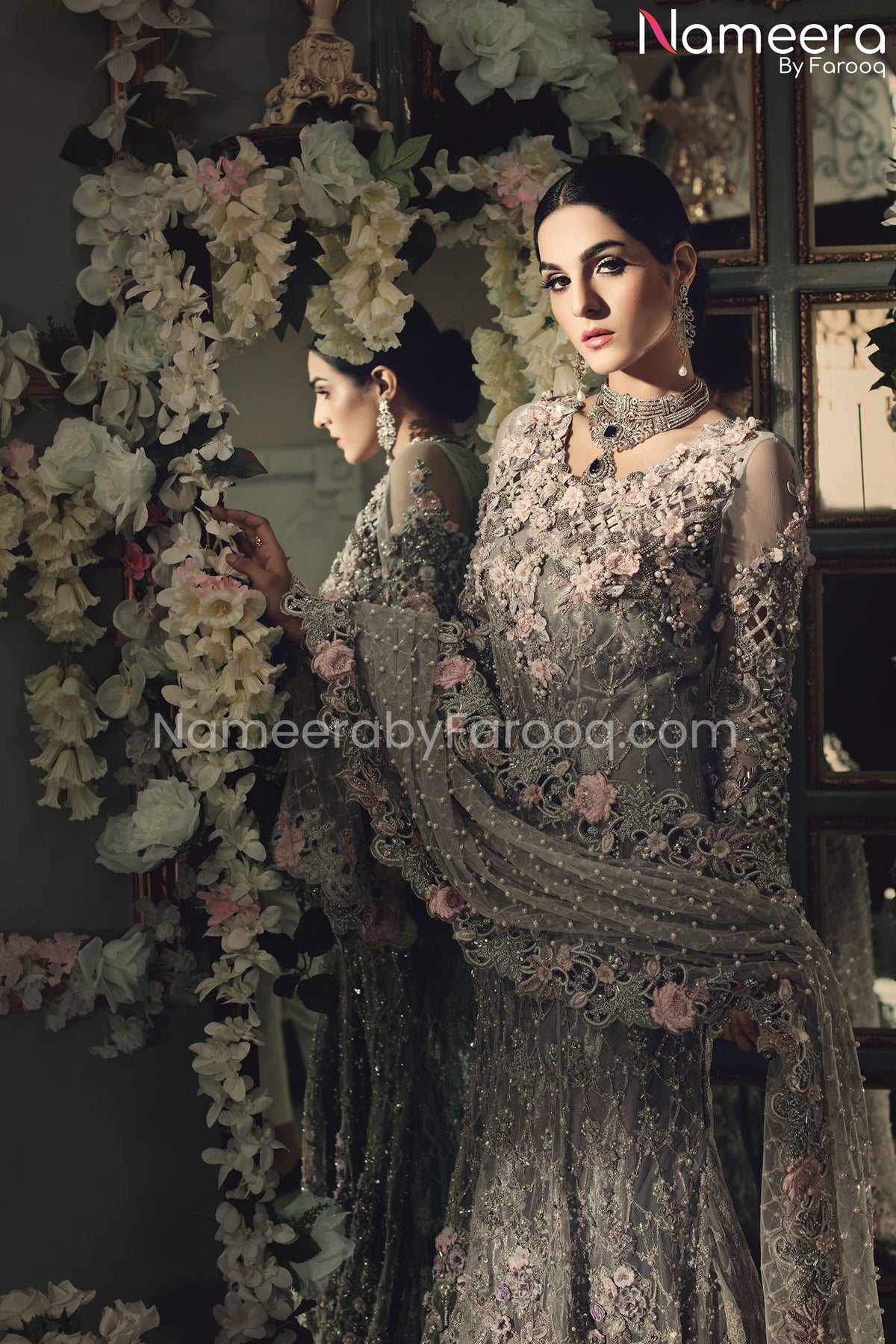 Latest Pakistani Bridal Maxi Dress in Grey Color Online – Nameera by Farooq