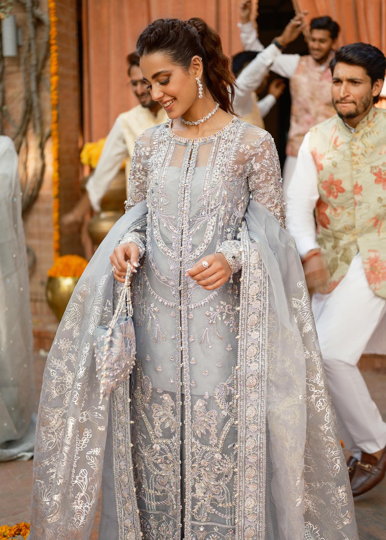 Grey Pakistani Suit in Kameez Trouser Style for Wedding – Nameera by Farooq