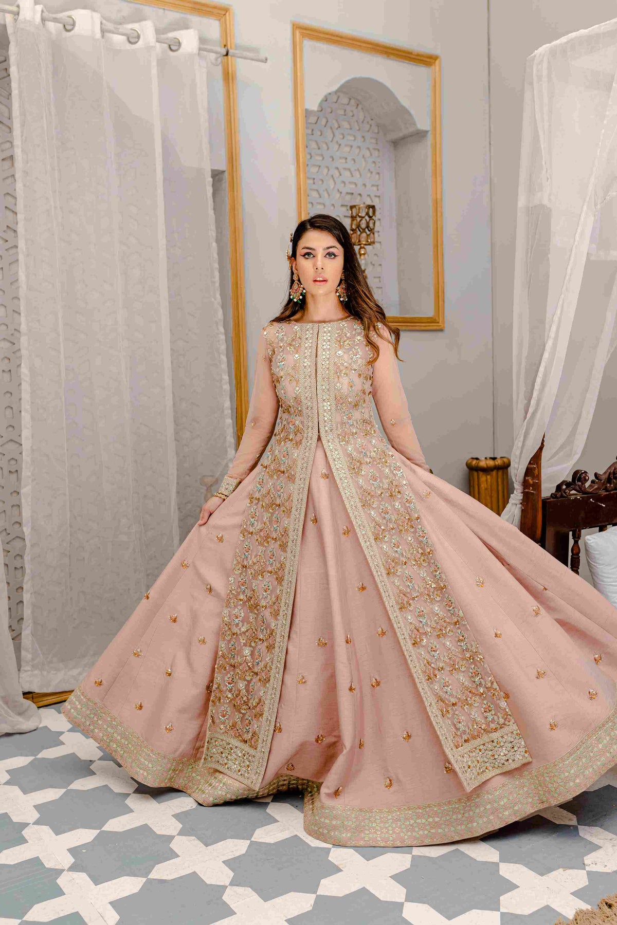 Buy Lehenga and Front Open Gown Pakistani Wedding Dress – Nameera by Farooq