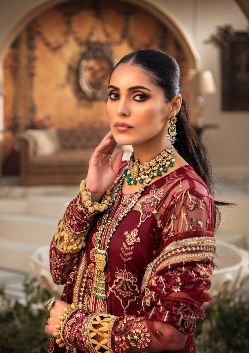 Elegant Pakistani Long Dress in Iconic Red Shade Online – Nameera by Farooq