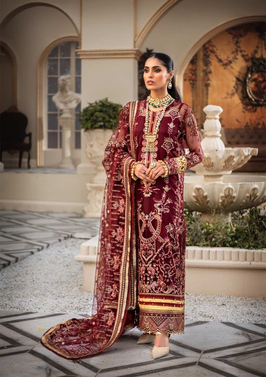 Elegant Pakistani Long Dress in Iconic Red Shade Online – Nameera by Farooq