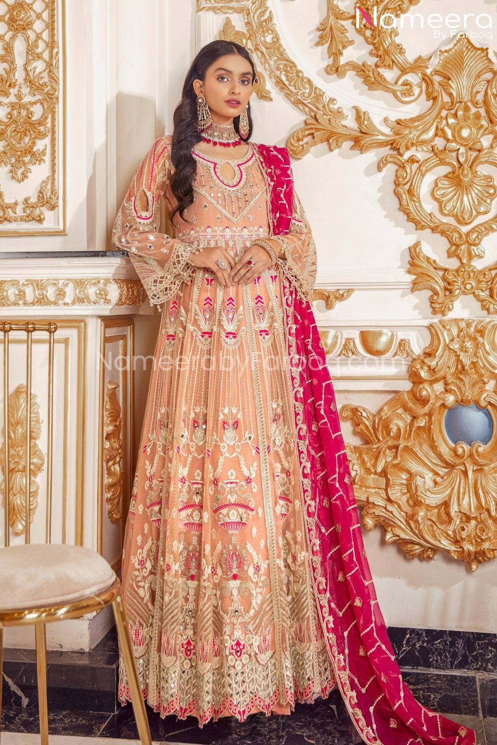 Elegant Pakistani Long Frock for Wedding Party Online – Nameera by Farooq