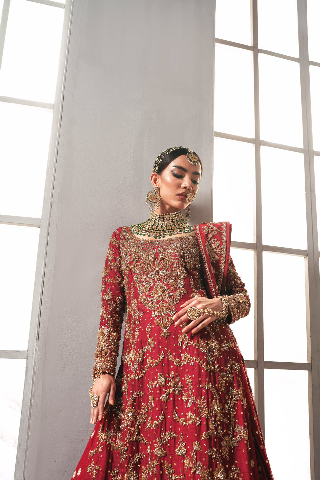 Red Pakistani Bridal Dress in Sharara Kameez Style – Nameera by Farooq