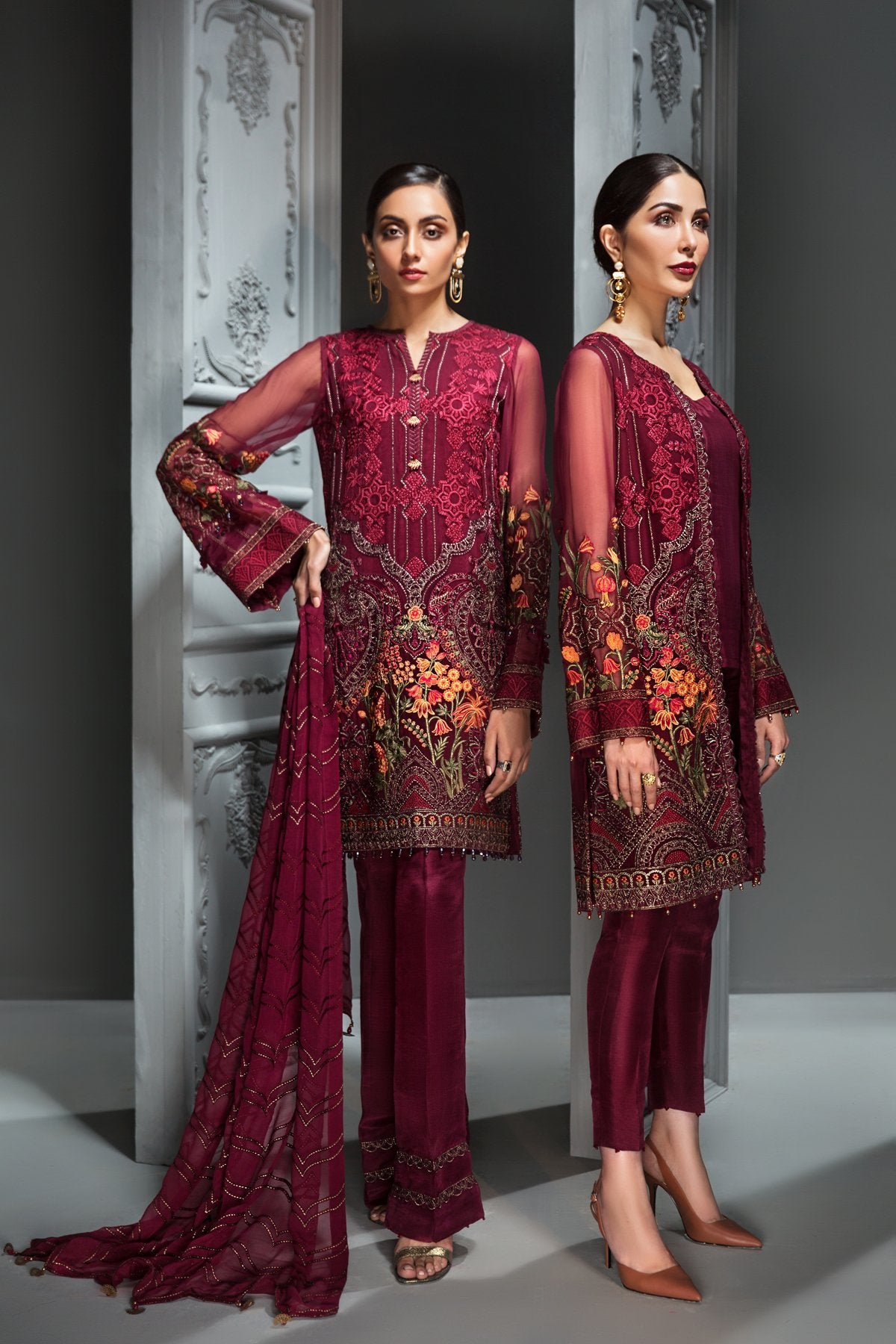 Elegant Pakistani Chiffon Party Dress in Maroon Color – Nameera by Farooq