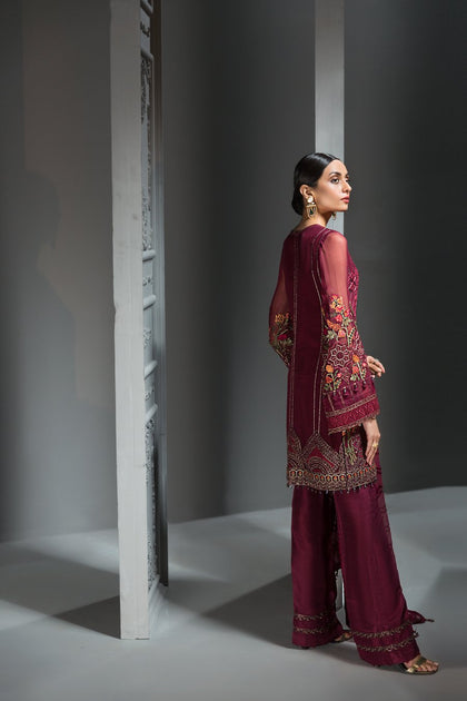 Elegant Pakistani Chiffon Party Dress in Maroon Color – Nameera by Farooq