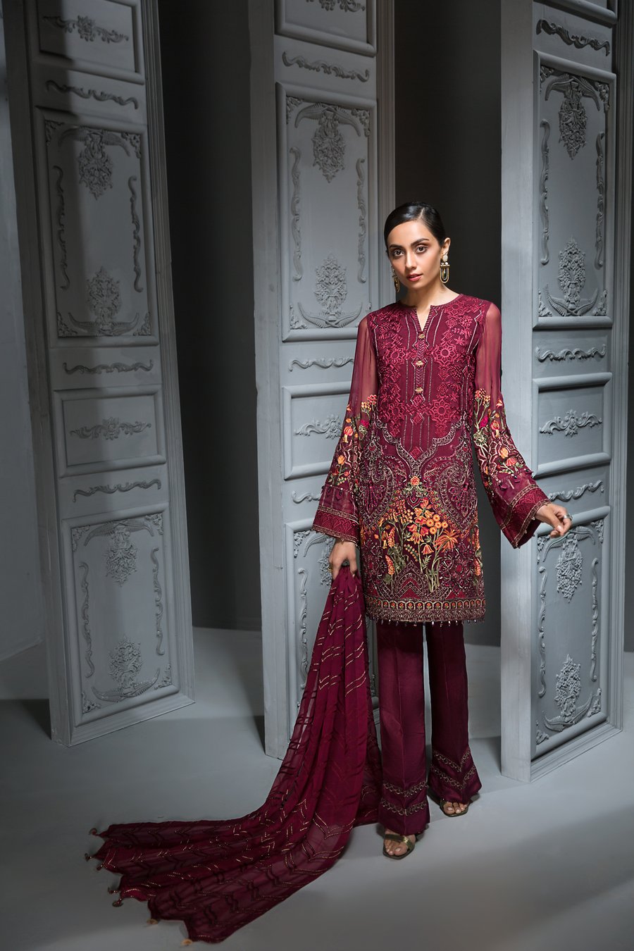 Elegant Pakistani Chiffon Party Dress in Maroon Color – Nameera by Farooq