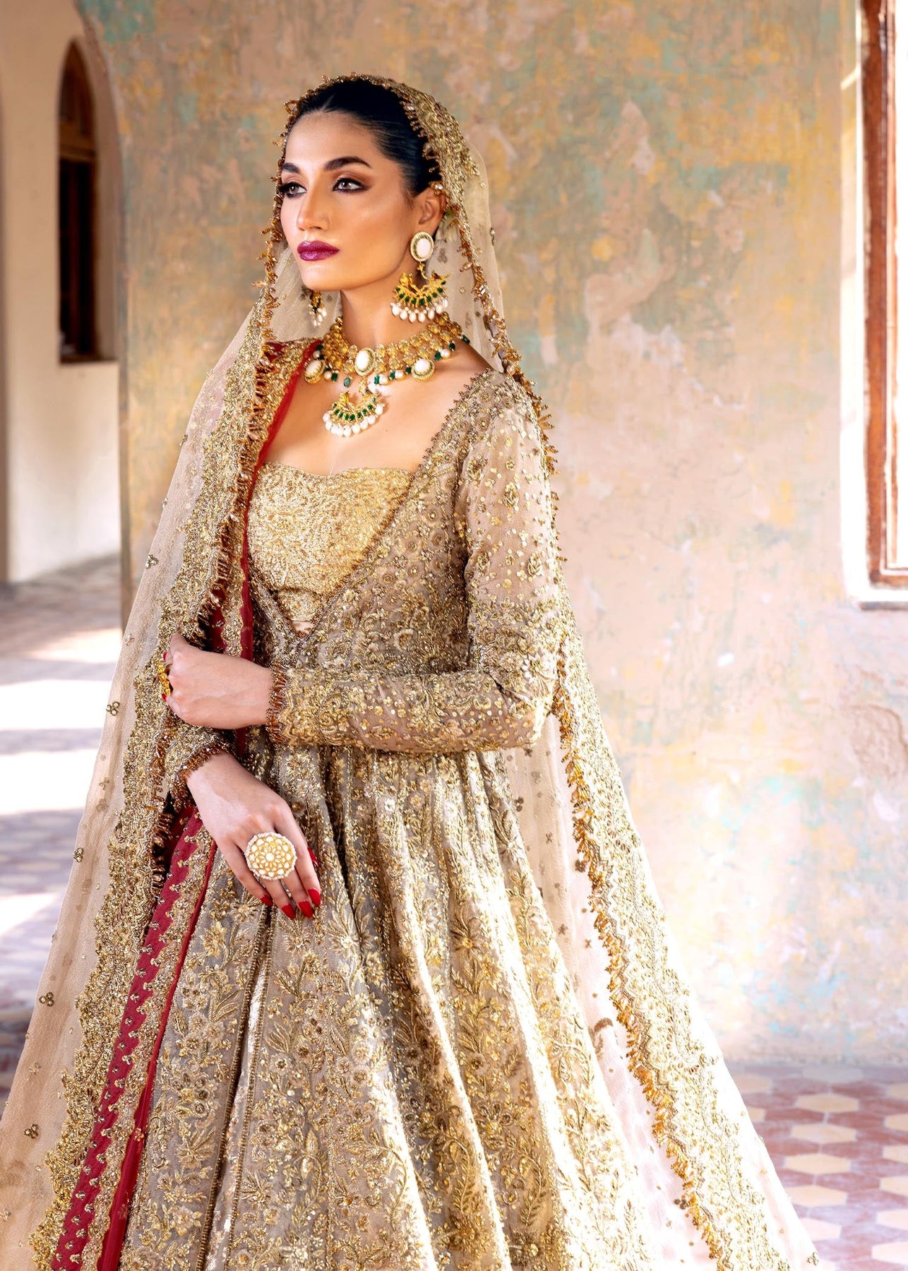 Embellished Gold Pakistani Bridal Dress in Wedding Lehenga Gown and Do ...