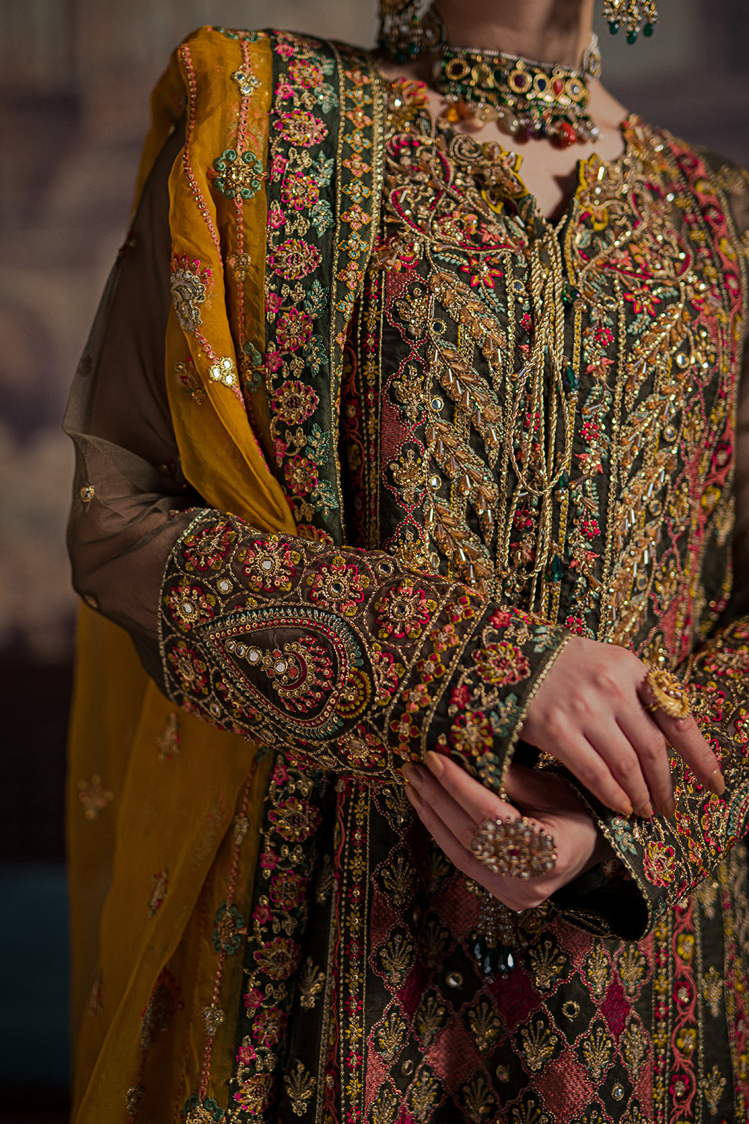 Embellished Green Mehndi Dress in Kameez Trouser Style – Nameera by Farooq