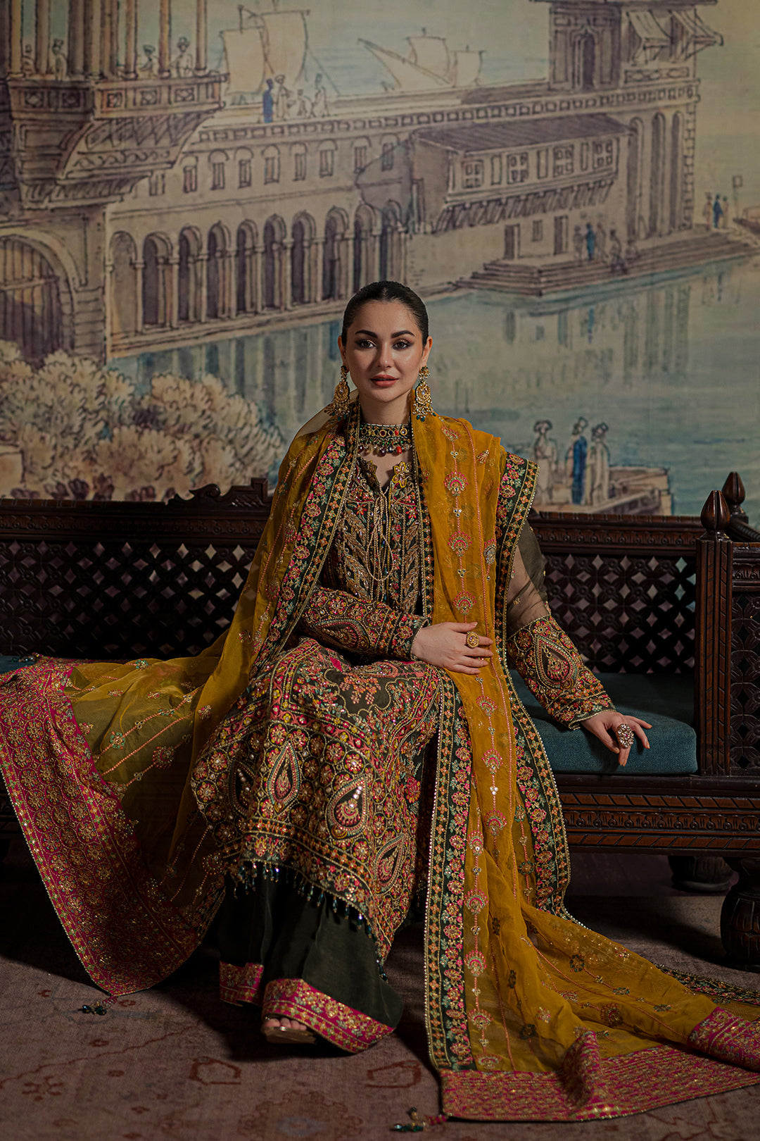 Embellished Green Mehndi Dress in Kameez Trouser Style – Nameera by Farooq