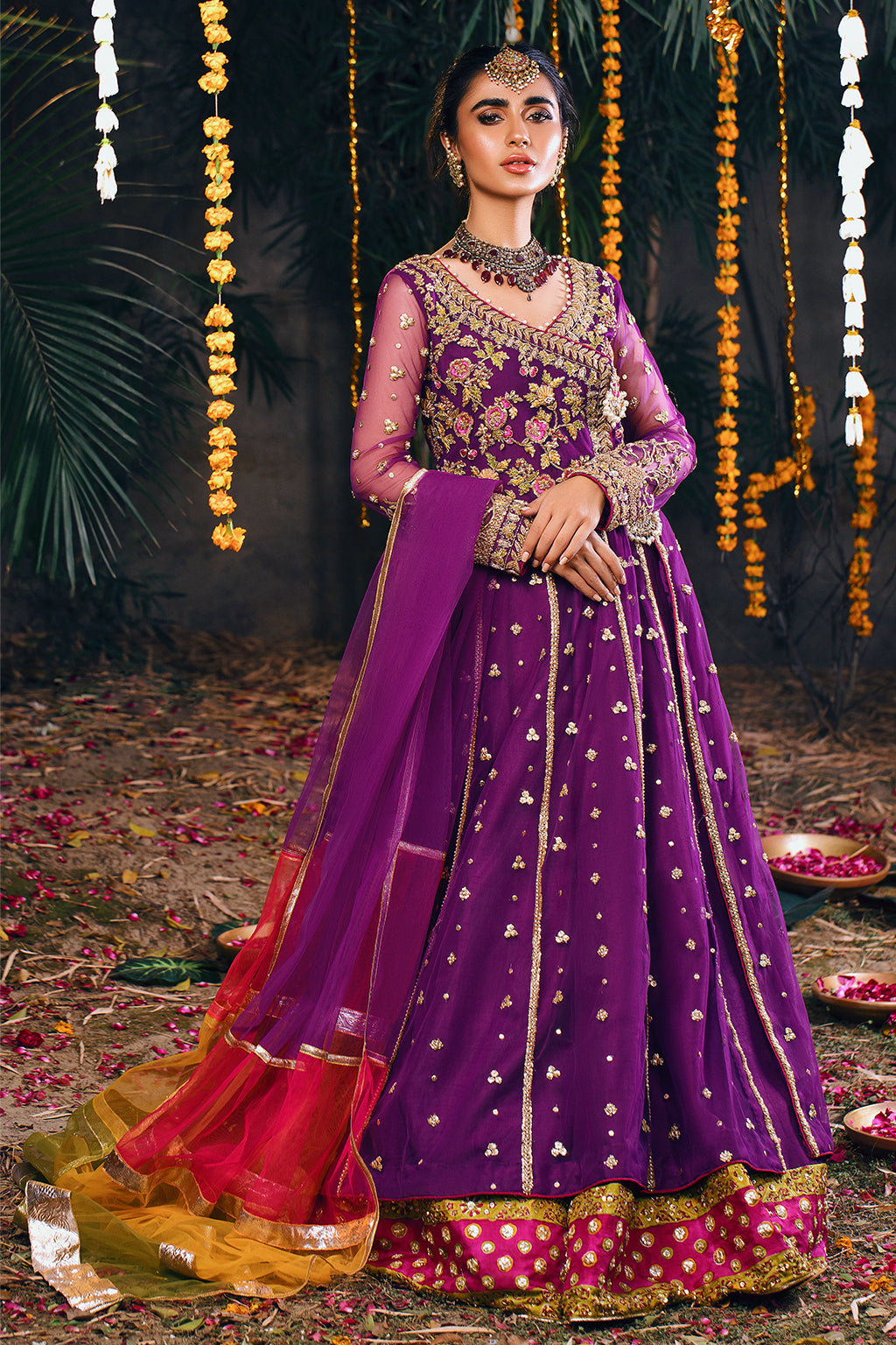 Purple Kalidar Pishwas for Pakistani Mehndi Dresses – Nameera by Farooq