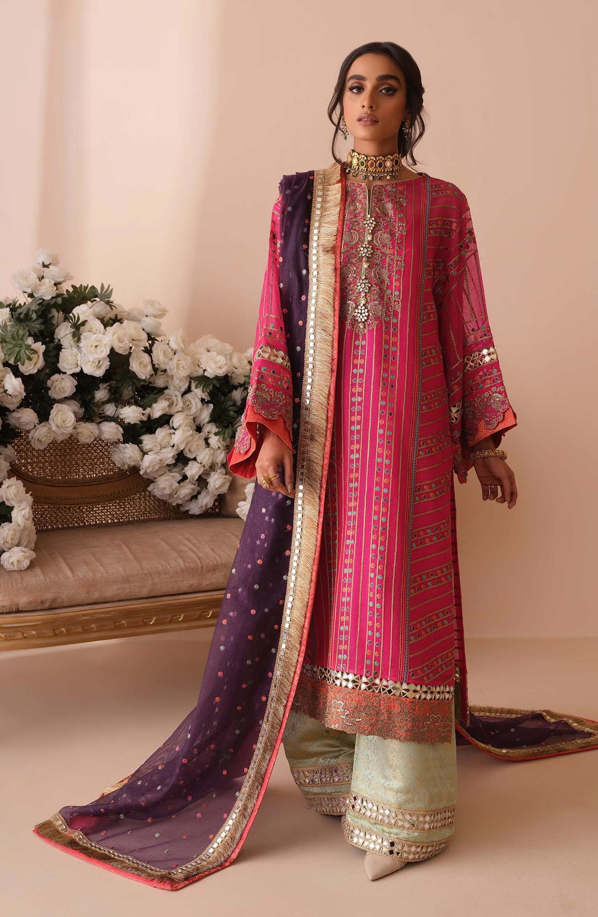 Embroidered Cotton Kameez and Jamawar Trouser Dress Online – Nameera by ...