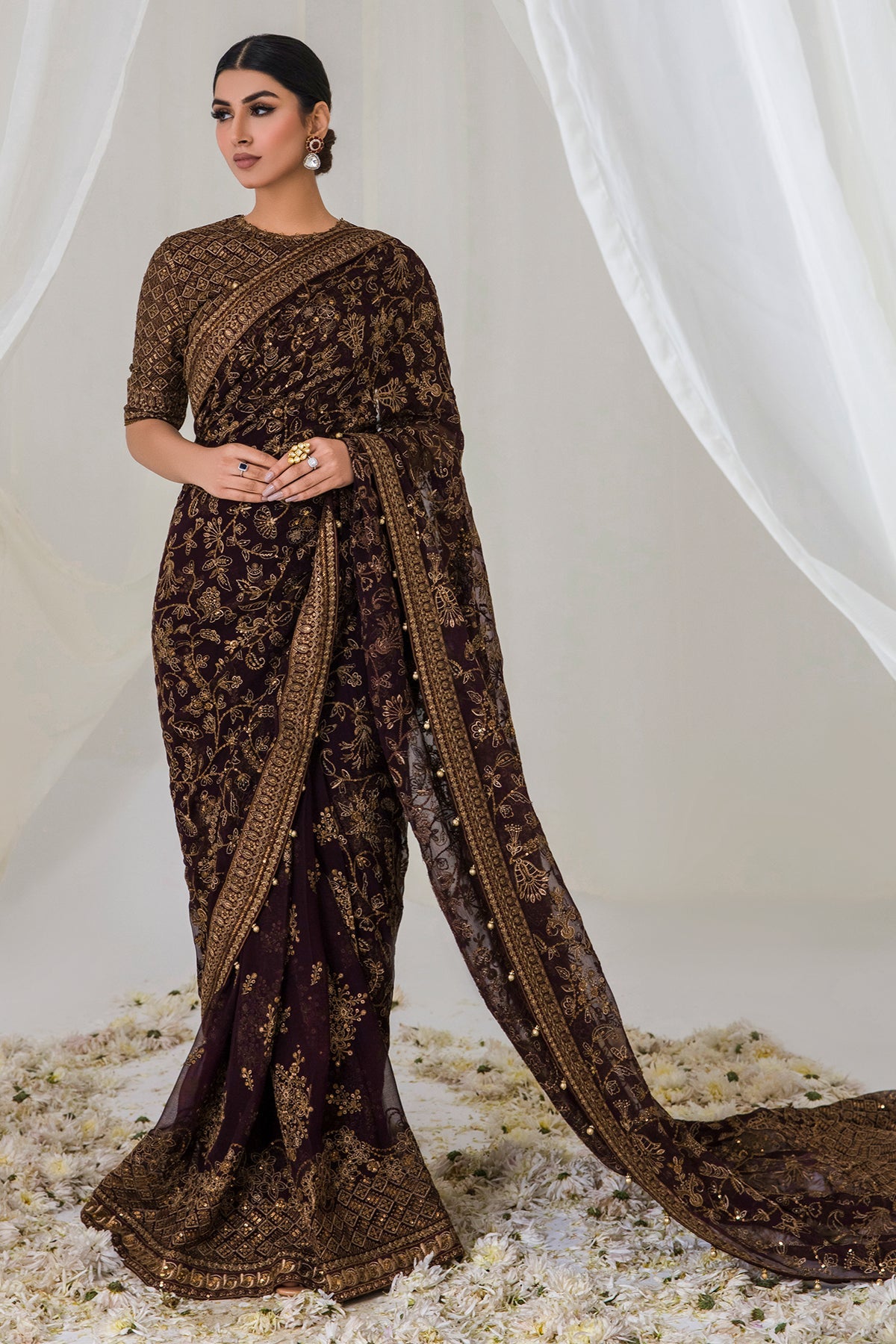 Embroidered Pakistani Wedding Dress in Saree Style – Nameera by Farooq