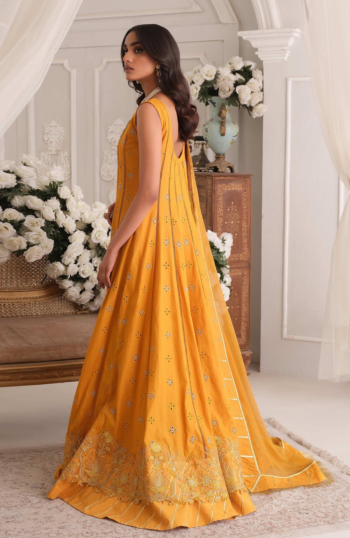Embroidered Yellow Pakistani Maxi Eid Dress in Lawn Fabric – Nameera by ...