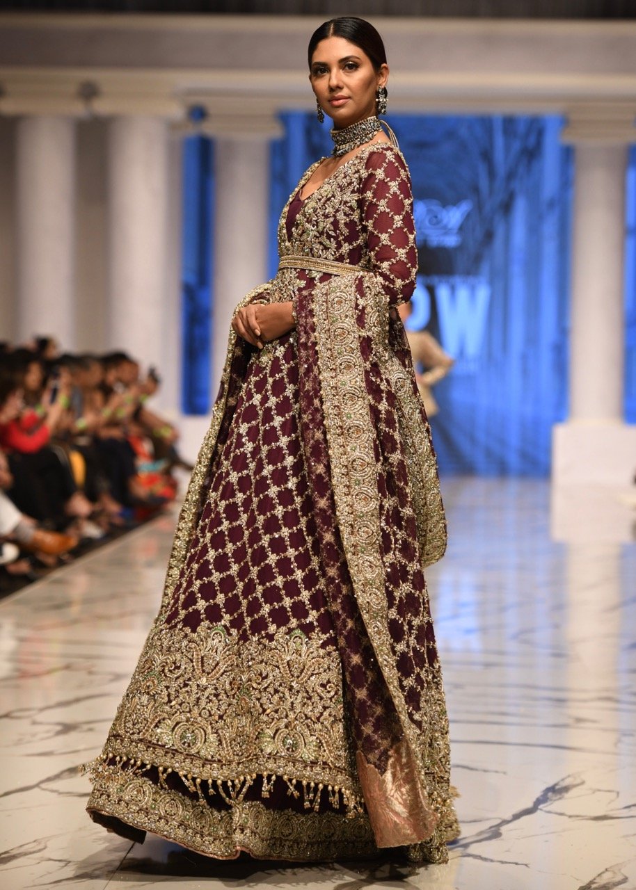 Embroidered bridal frock with skin gold embroidery – Nameera by Farooq