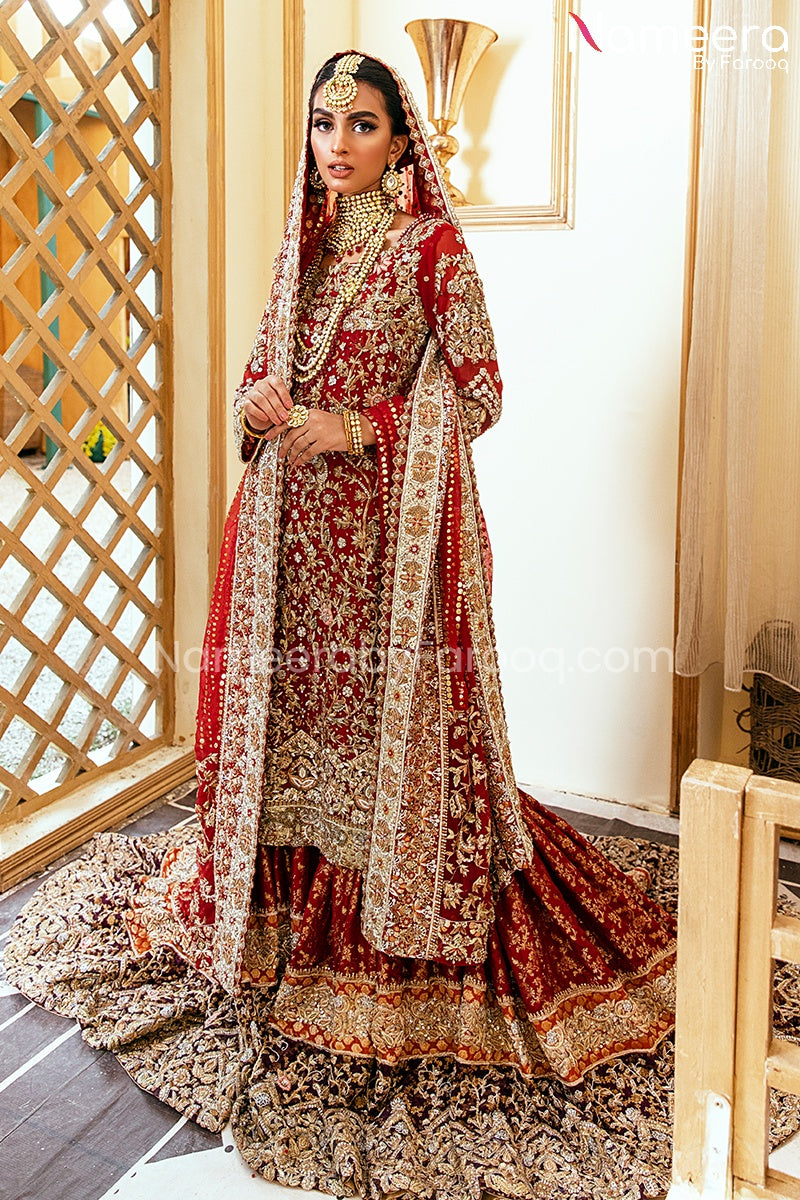 Farshi Gharara Kameez Red Bridal Dress Pakistani Online – Nameera by Farooq